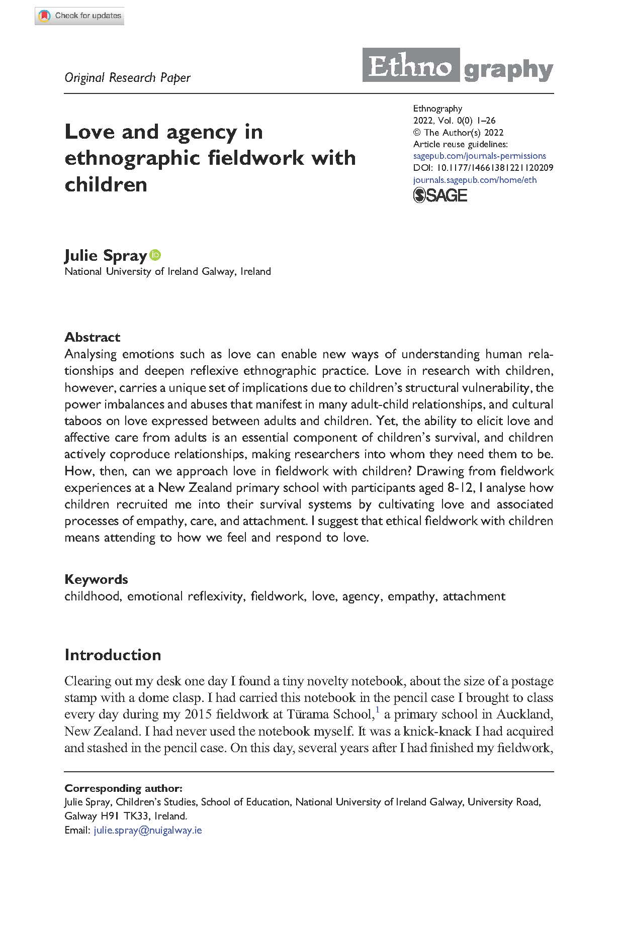 Love and Agency in Ethnographic Fieldwork with Children – Julie Spray